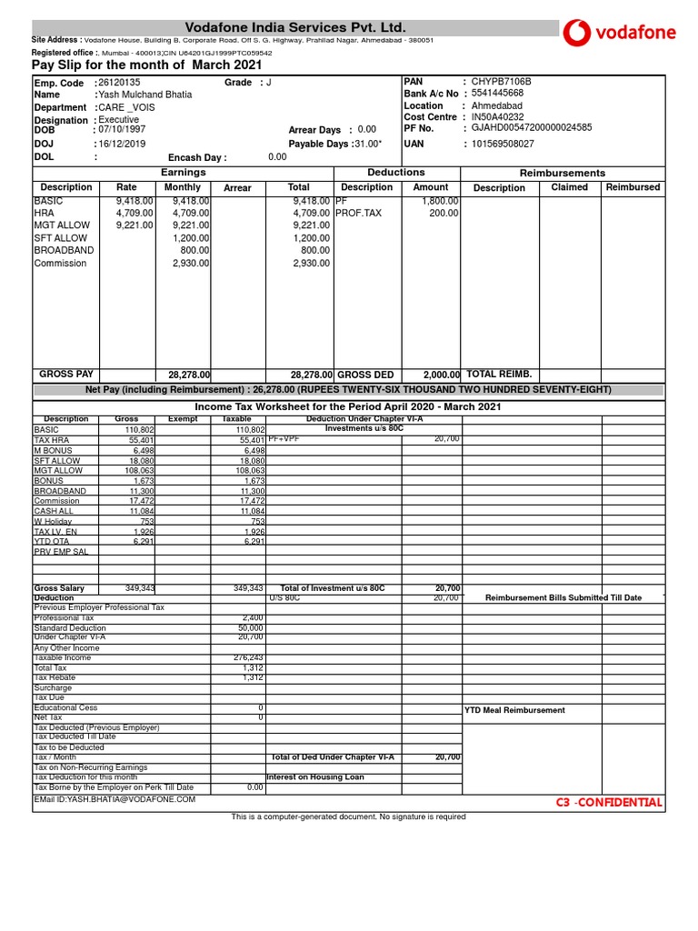 Vodafone India Services Pvt. LTD.: Pay Slip For The Month of March 2021 ...