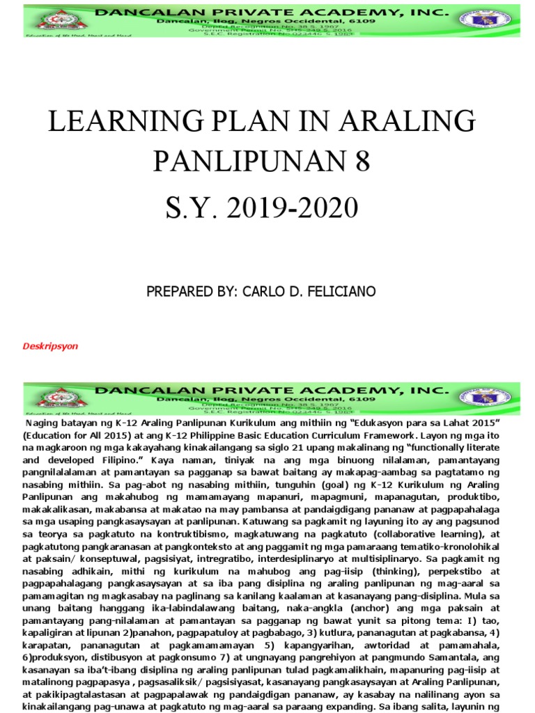 Learning Plan in Araling Panlipunan 8 | PDF
