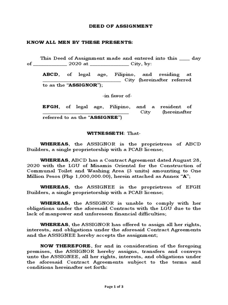 Deed of Assignment Sample | PDF | Assignment (Law) | Legal Ethics