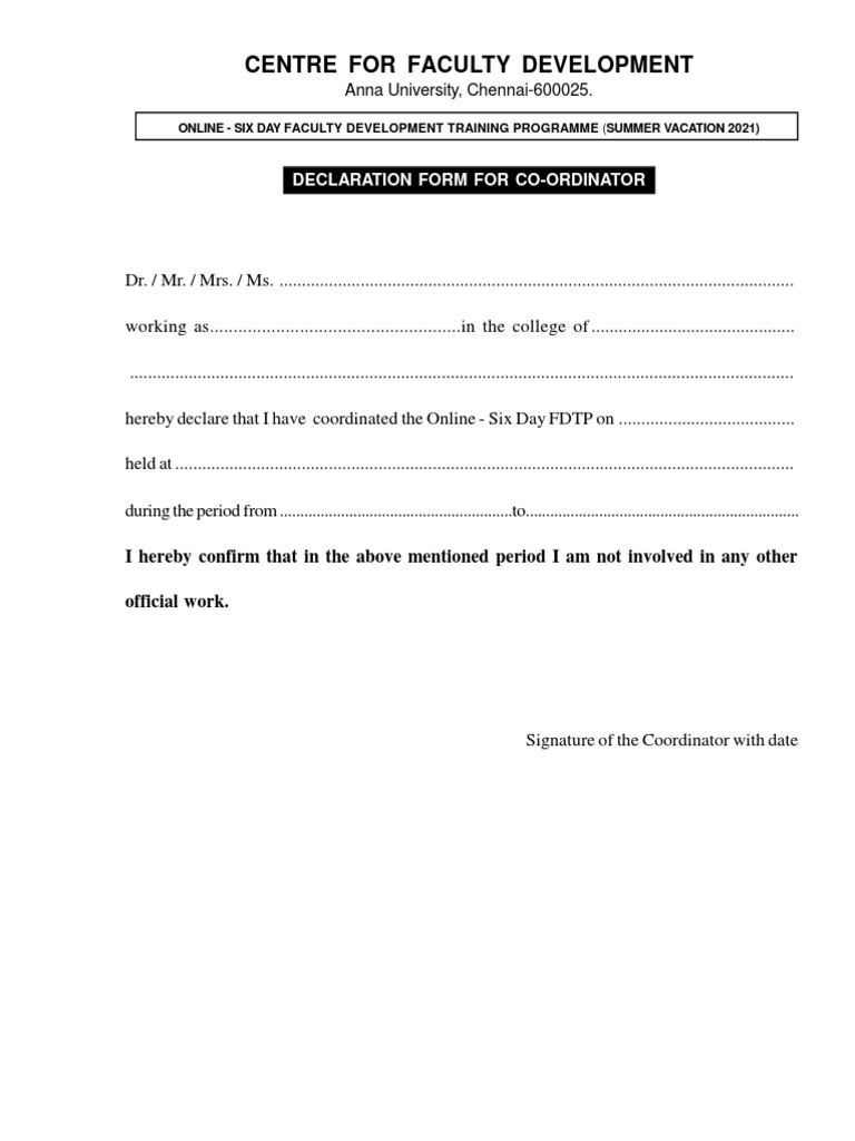 Centre For Faculty Development: Declaration Form For Co-Ordinator | PDF ...