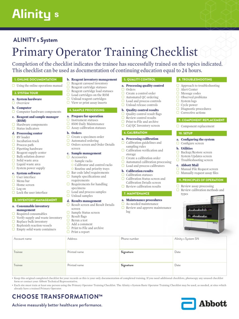 Primary Operator Training Checklist: ALINITY S System | PDF | Assay ...