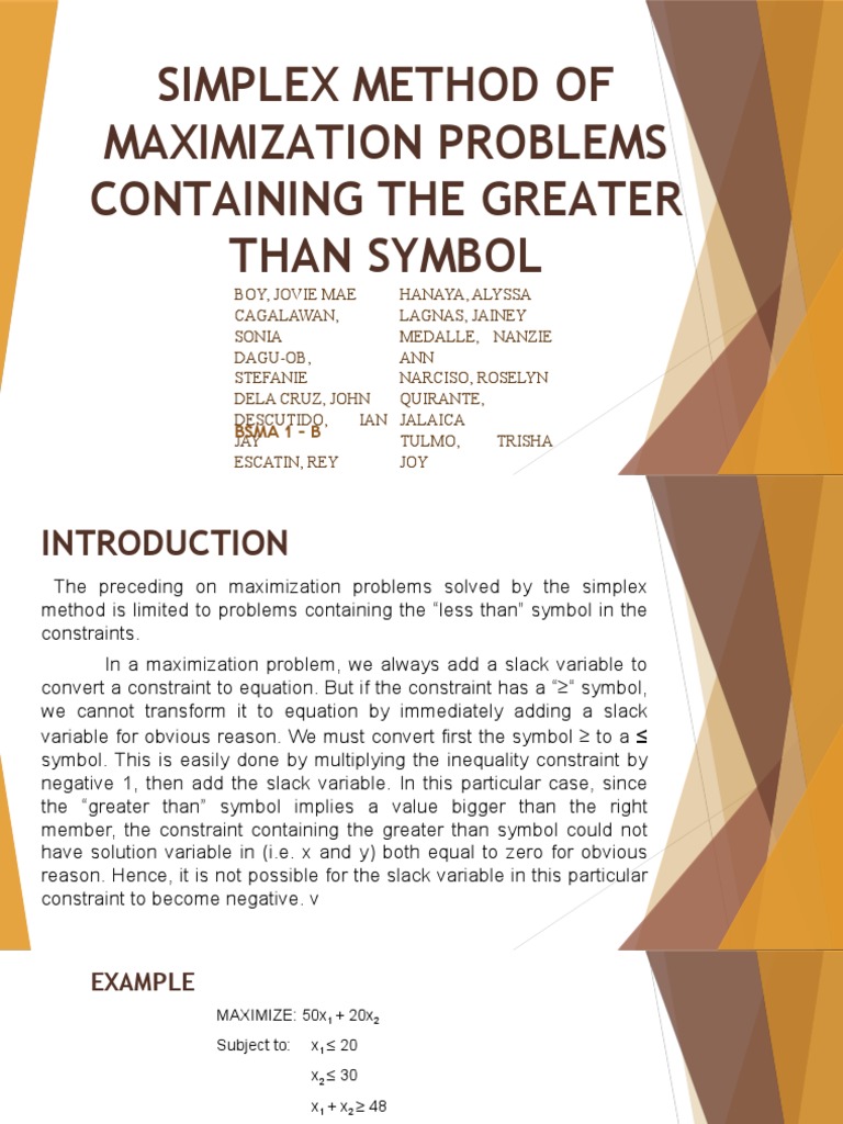 Simplex Method of Maximization Problems Containing The Greater Than Symbol | PDF | Algebra ...