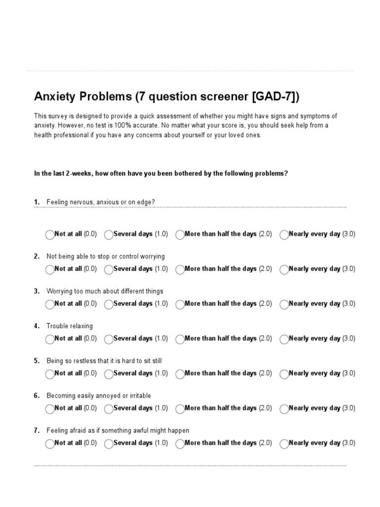 Anxiety Problems (7 Question Screener (GAD-7) ) | PDF | Self-Improvement