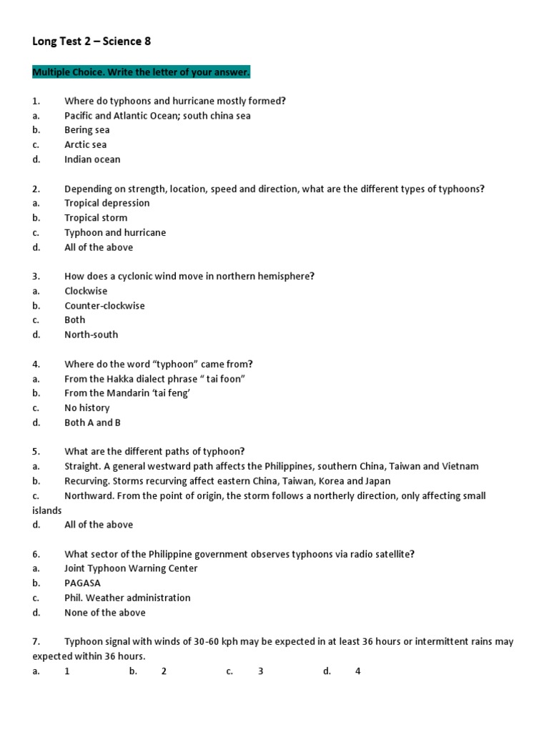 Long Test 2 - Science 8: Multiple Choice. Write The Letter of Your ...