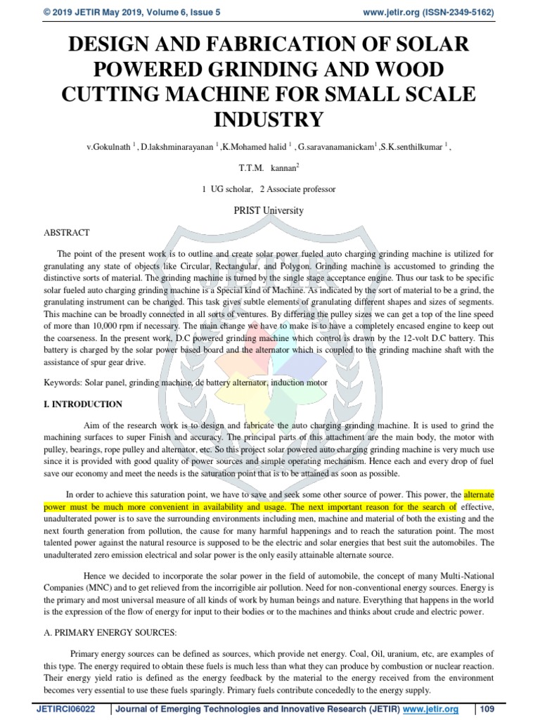 Design and Fabrication of Solar Powered Grinding and Wood Cutting ...