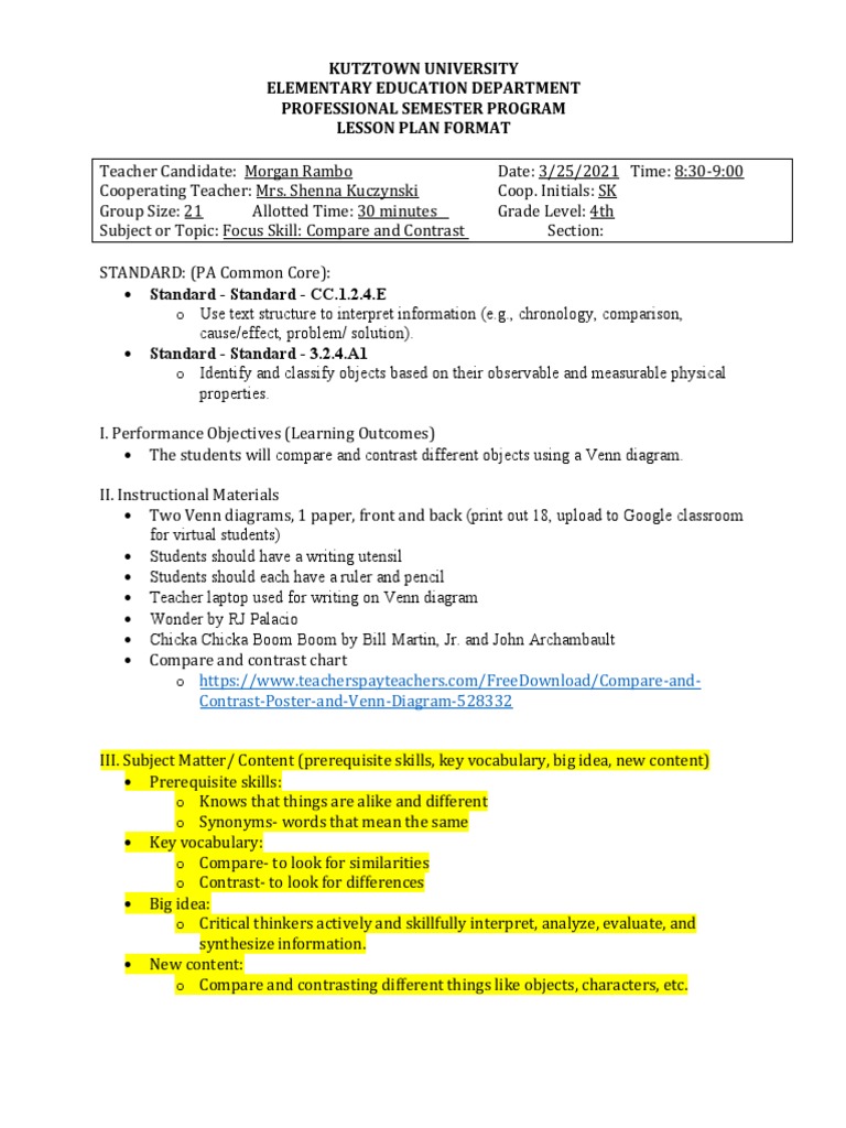 Focus Skill-Compare and Contrast Lesson Plan | PDF | Lesson Plan ...