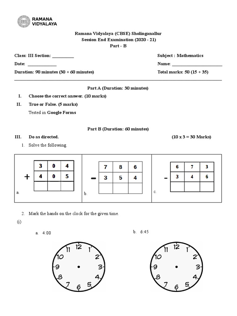 Dhivya Shree S - Grade 3 - Math - Session End - Question Paper - Part B ...