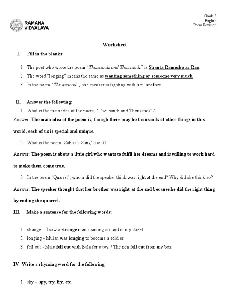 Grade 3 Poem Revision Worksheet | PDF | Language Arts & Discipline