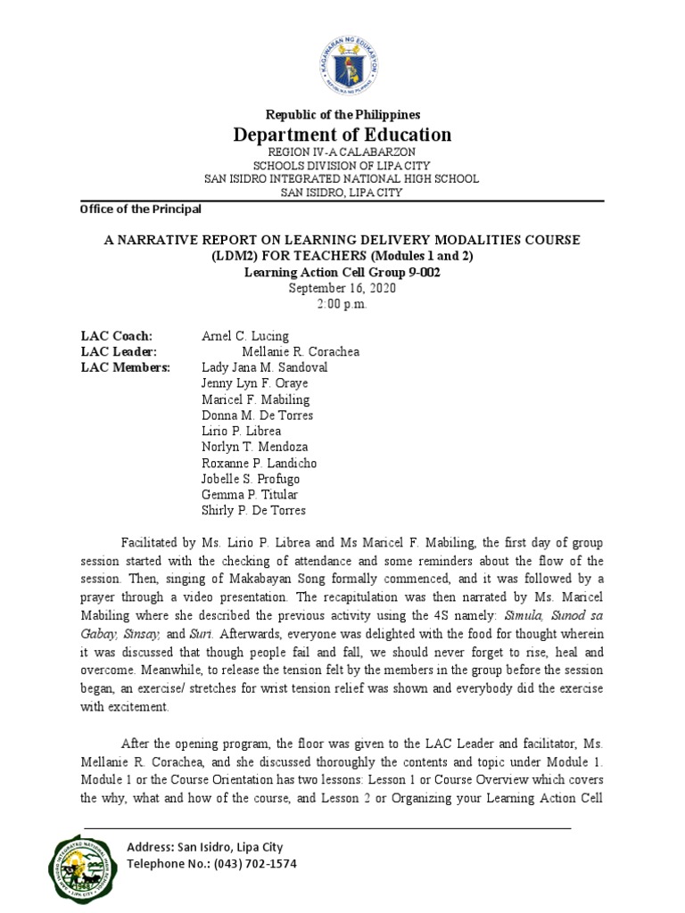 NARRATIVE REPORT Day 2 LAC Orientation | PDF | Psychological Concepts ...