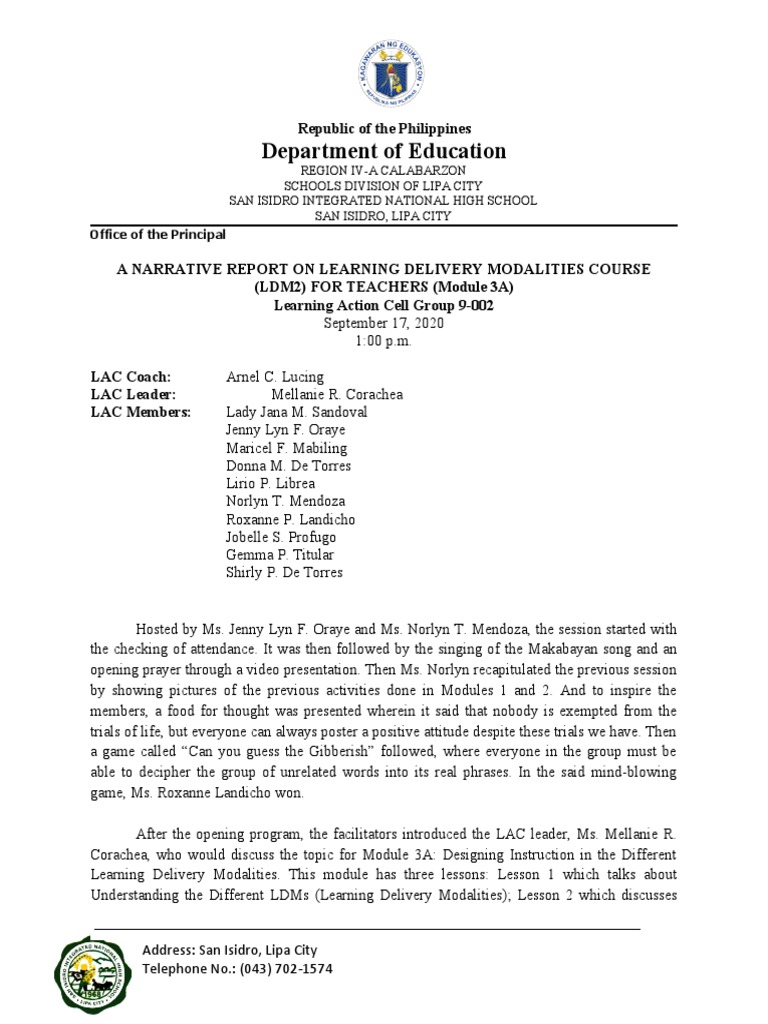NARRATIVE REPORT Day 3 LAC Orientation | PDF | Learning | Behavior ...