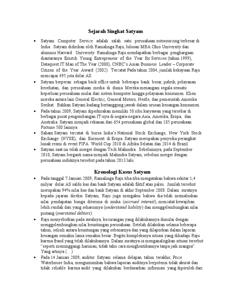 KRONOLOGI KASUS SKANDAL SATYAM | PDF