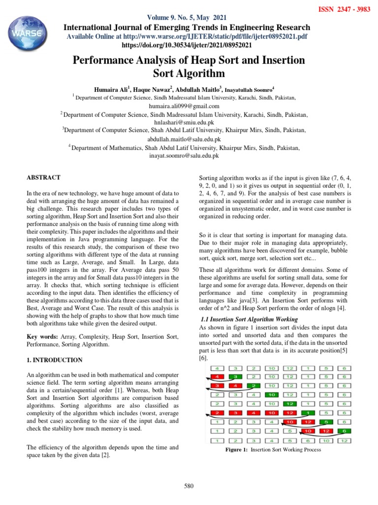 Performance Analysis Of Heap Sort And Insertion Sort Algorithm Pdf Algorithms Applied