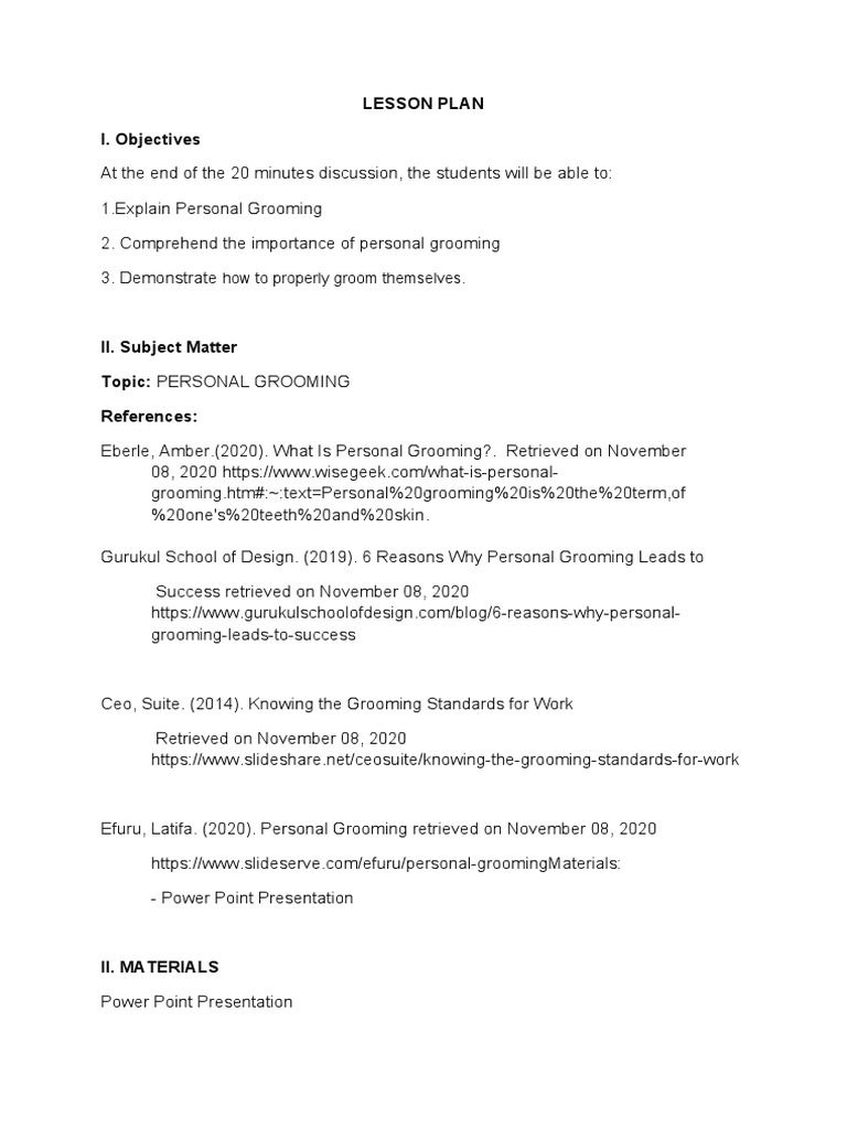 LESSON PLAN Personal Grooming | PDF