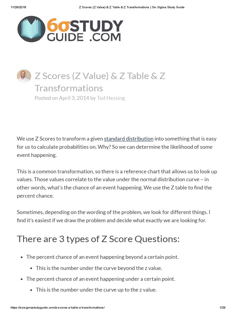 Z Scores (Z Value) & Z Table & Z Transformations - Six Sigma Study ...