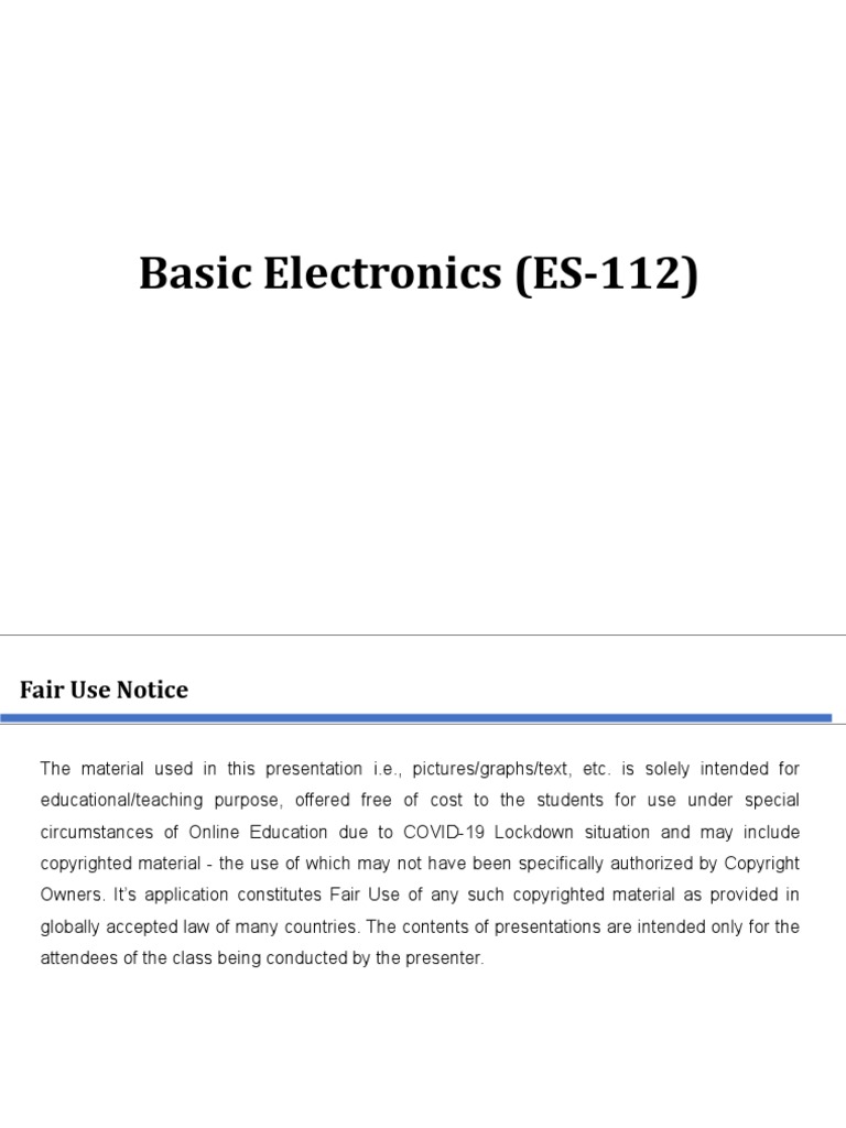 Basic Electronics (ES-112) | PDF | Passivity (Engineering) | Transistor