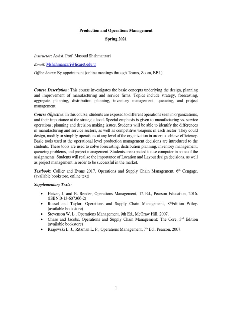 Production and Operations Management Syllabus | PDF | Operations ...