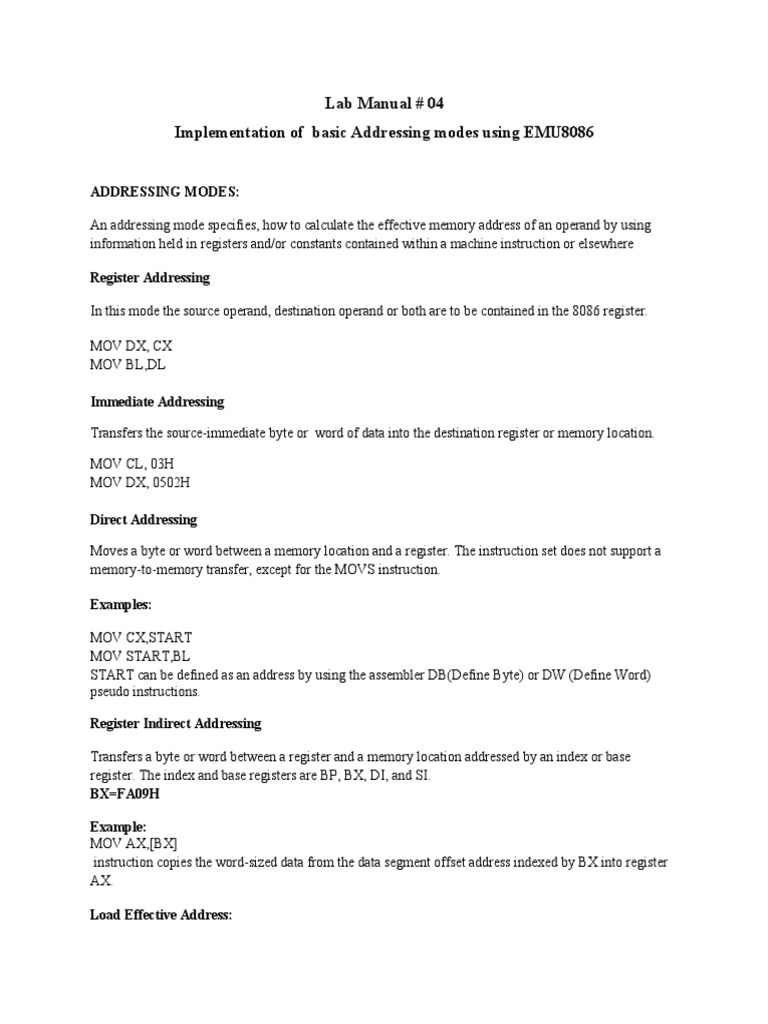Lab Manual # 04 Implementation of Basic Addressing Modes Using EMU8086 | PDF | Array Data ...