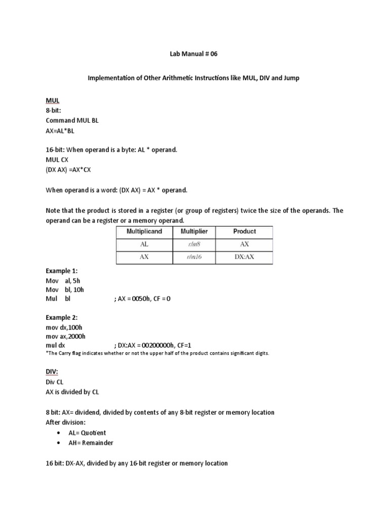 Lab Manual # 06: The Carry Flag Indicates Whether or Not The Upper Half ...