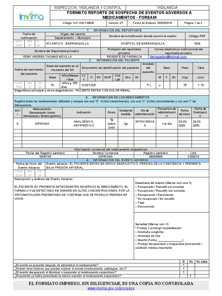 Formato Foream - Yeimy Thomas | PDF | Medicamentos con receta ...