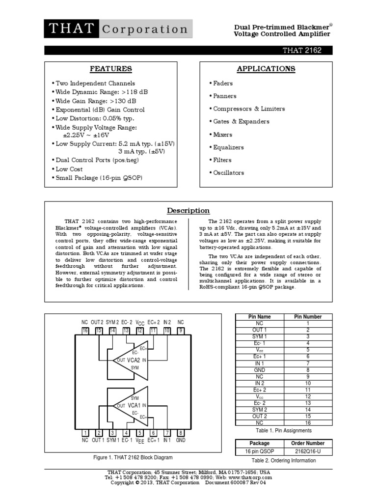 Features Applications: THAT 2162 | PDF | Operational Amplifier ...