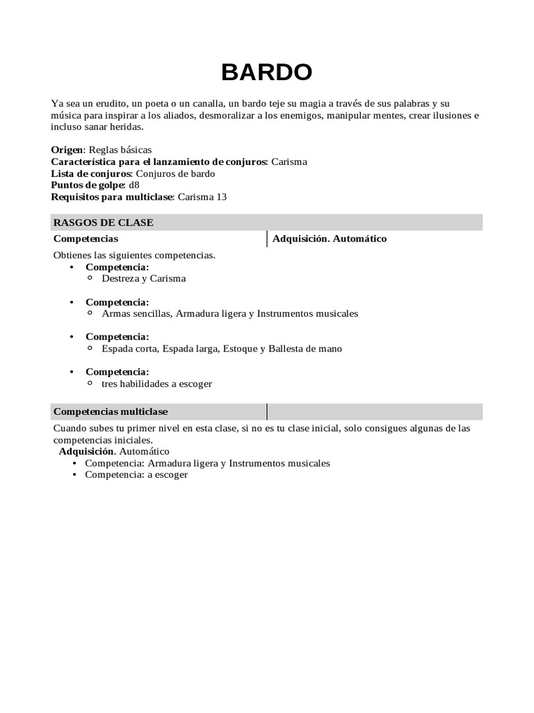 Bardo D&D 5E Clase | PDF | Espada | Arsenal