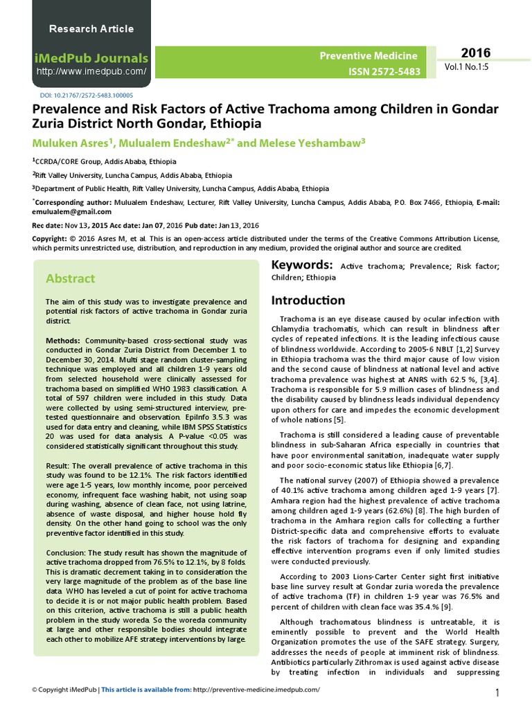 Prevalence and Risk Factors of Active Trachoma Among Children in Gondar ...