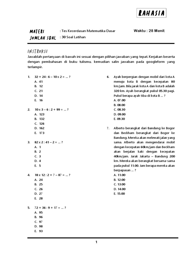 Kecerdasan MTK Dasar 30 Soal | PDF
