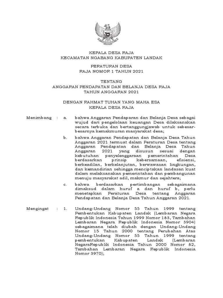Rancangan Perdes Apbdes 2021 | PDF