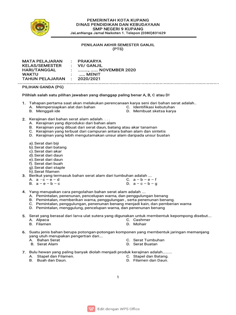 Soal Pas Prakarya Kelas 7 Semester Ganjil 2020-2021 | PDF