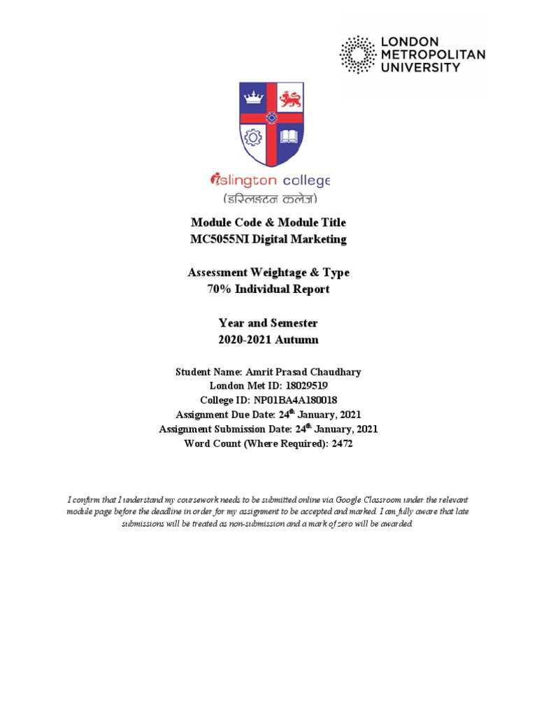Module Code & Module Title MC5055NI Digital Marketing Assessment ...