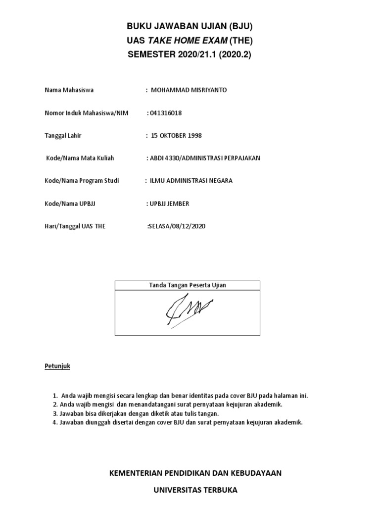 Buku Jawaban Ujian Abdi 4330 Administrasi Perpajakan | PDF | Pengelolaan Keuangan & Uang