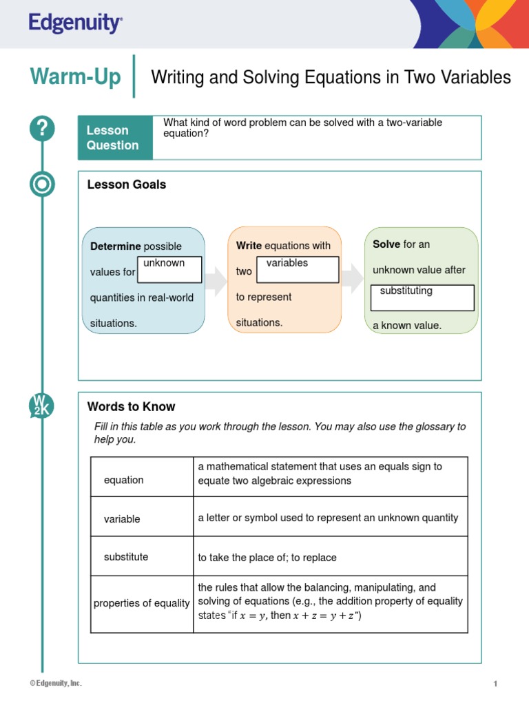 Warm-Up: Writing and Solving Equations in Two Variables | PDF ...