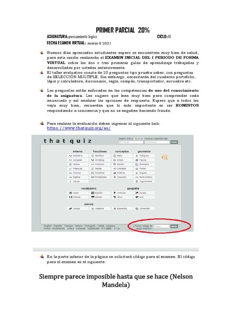 Parcial Inicial | PDF | Prueba (evaluación) | Prueba / examen