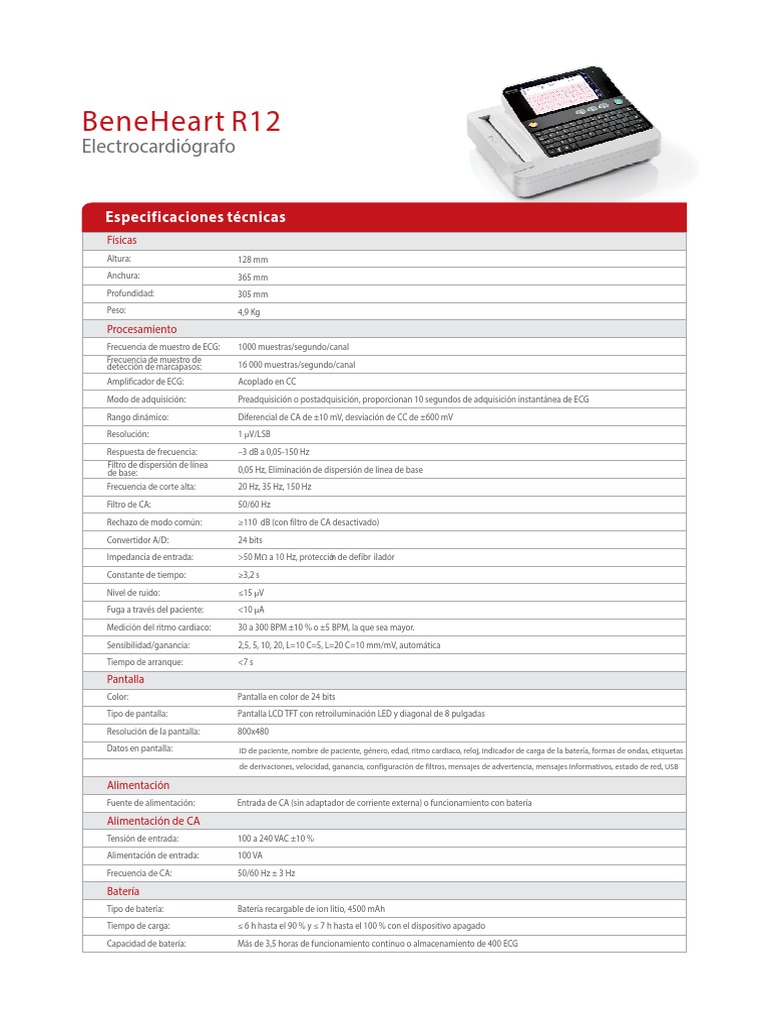 Especificaciones del BeneHeart R12 | PDF | Electrocardiografia | Frecuencia