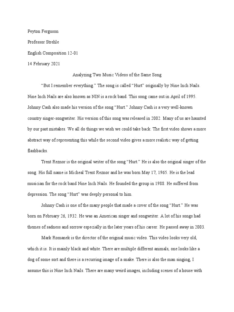 Analyzing Two Music Videos of The Same Song - Peyton Ferguson 1 | PDF ...