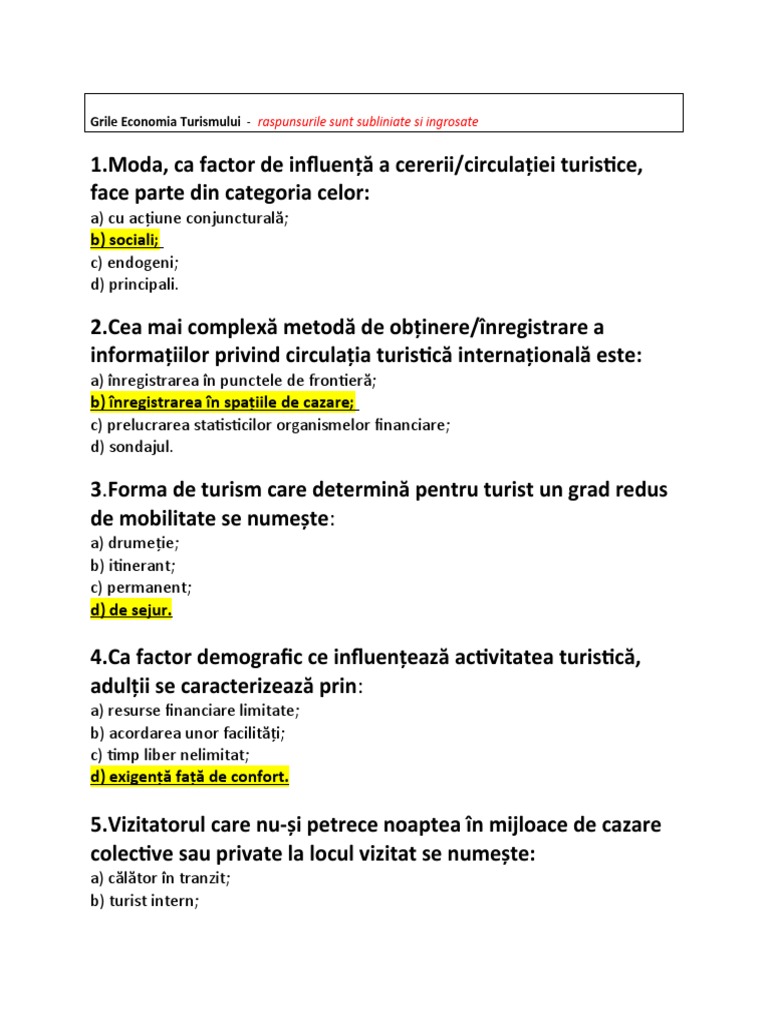 Grile Economia Turismului - Rezolvate | PDF