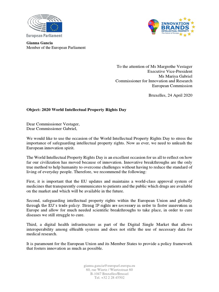 World Intellectual Property Rights Day, Letter To Ms Vestager | PDF ...