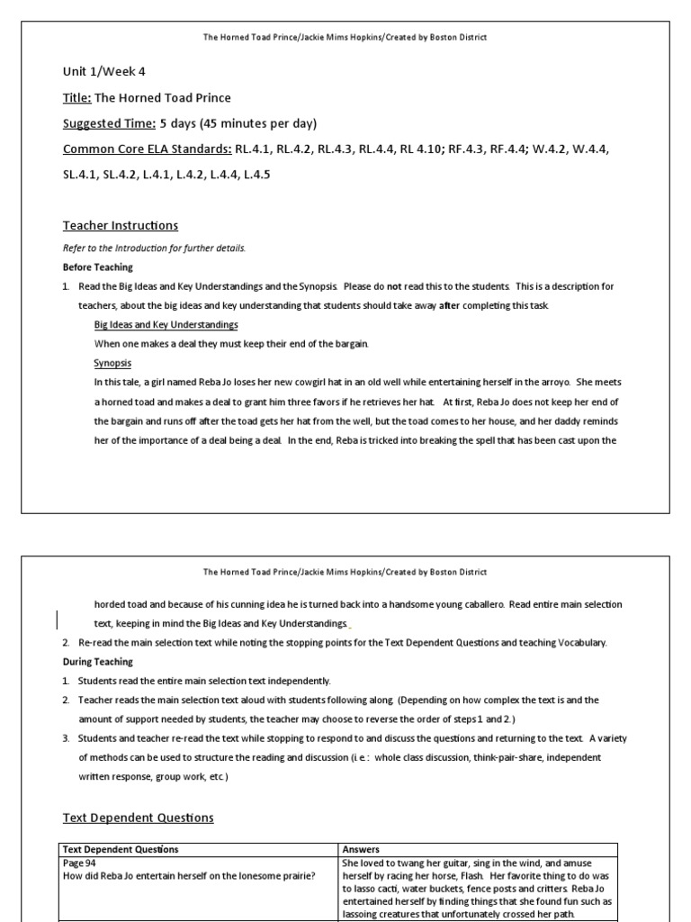 4.the Horned Toad Prince - Lesson - Basal | PDF | Cognition | Linguistics