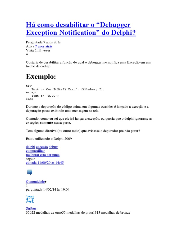 Desabilitar o Debugger Exception Notification Do Delphi | PDF