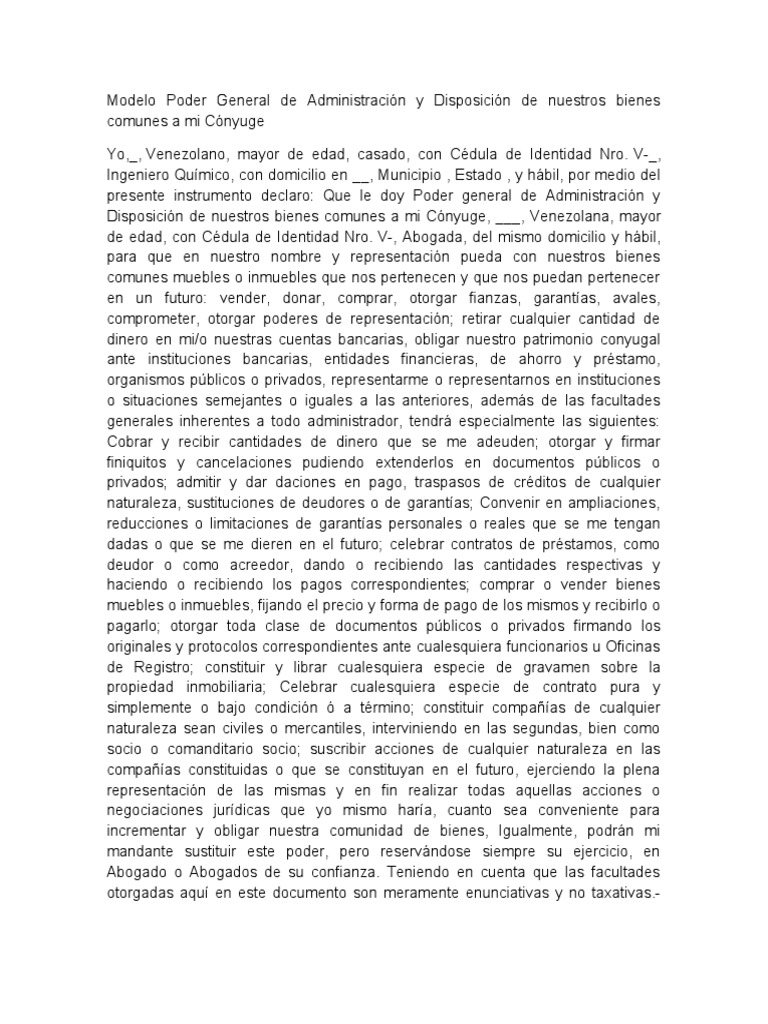 Modelo Poder General de Administración y Disposición de Nuestros Bienes ...