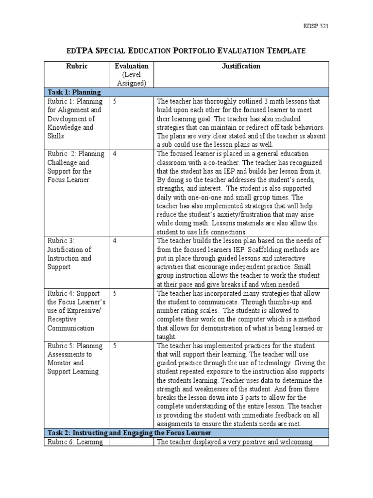 edTPA Special Education Portfolio Evaluation Template | PDF | Rubric ...