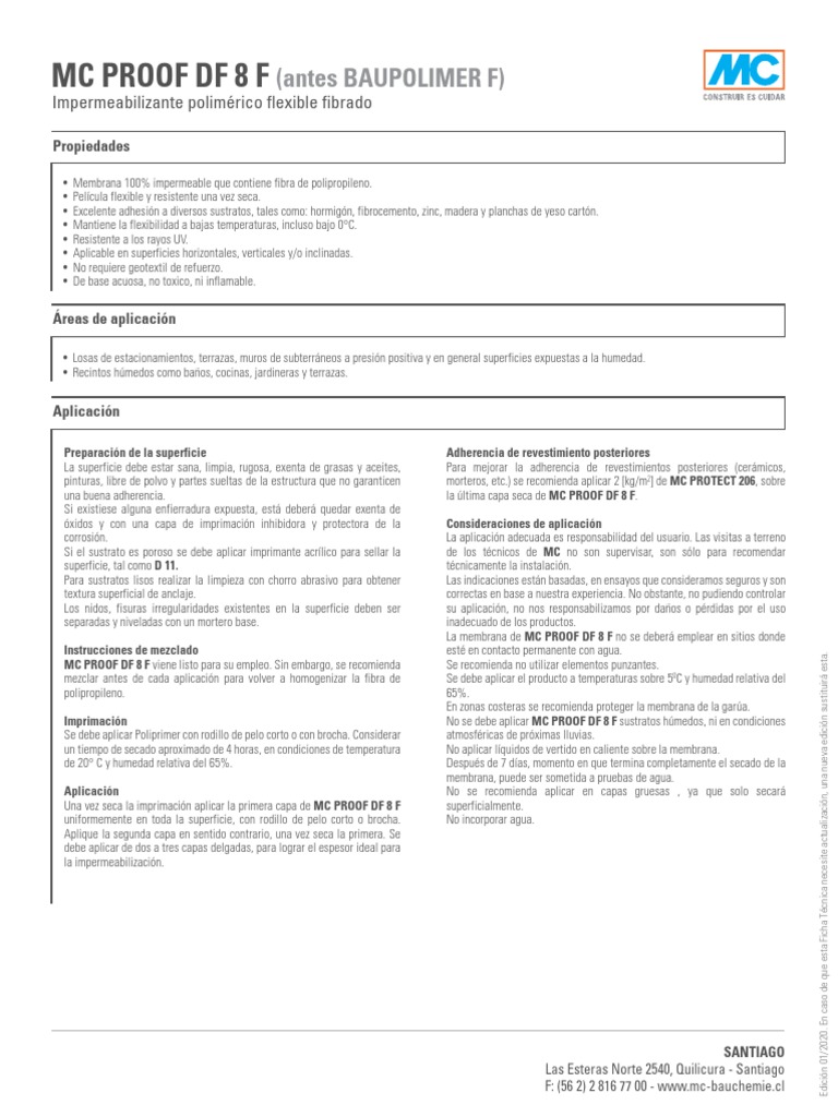 MC Proof DF 8 F | PDF | Adhesión | Agua