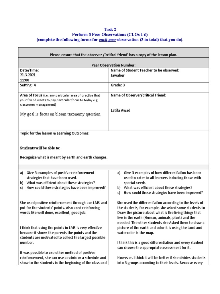 Peer Observation3 | PDF | Educational Assessment | Lesson Plan