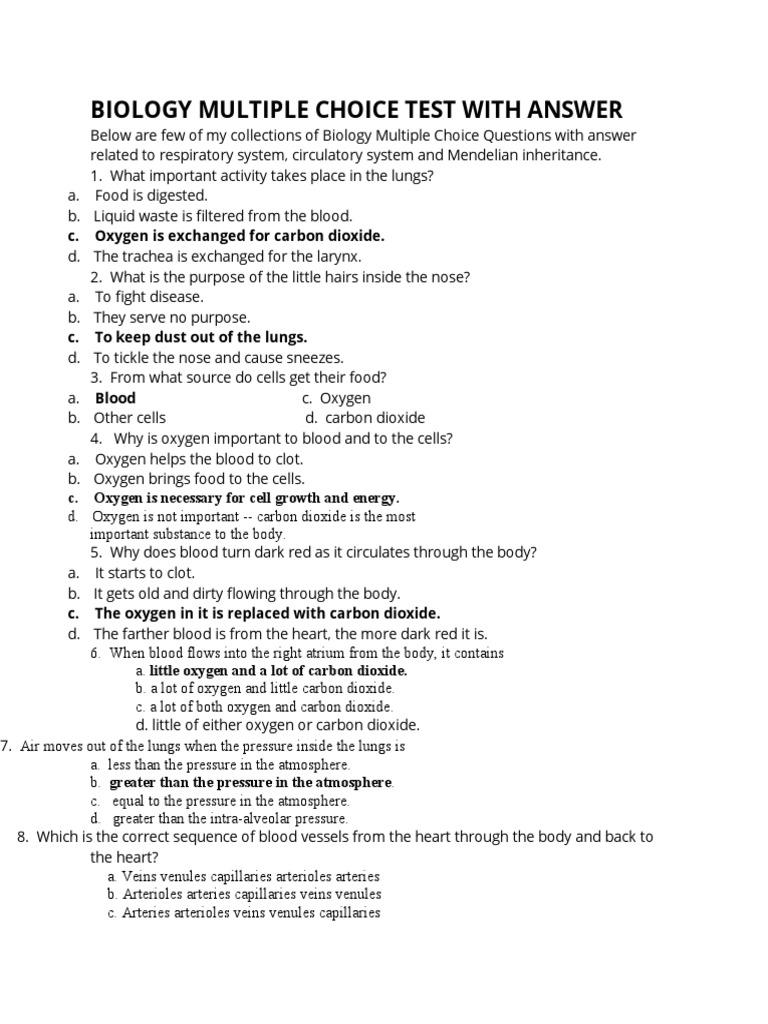 Biology Multiple Choice Test With Answer | PDF | Respiratory Tract | Heart