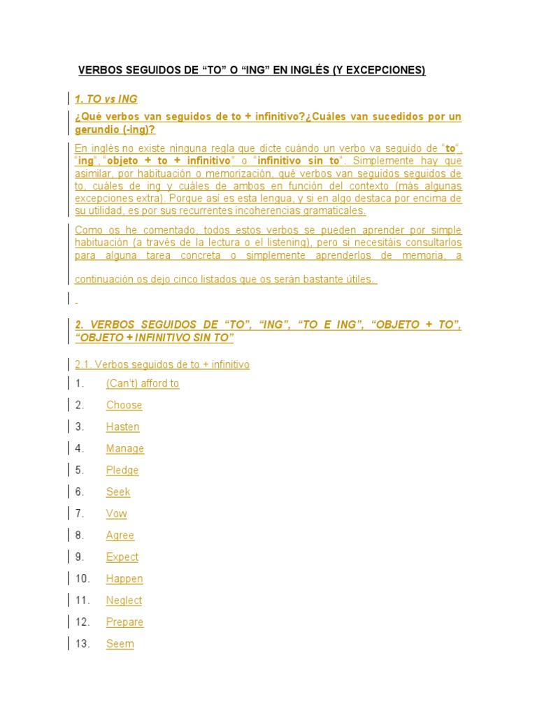 Verbos Seguidos de "To" o "Ing" en Inglés (Y Excepciones) | PDF ...
