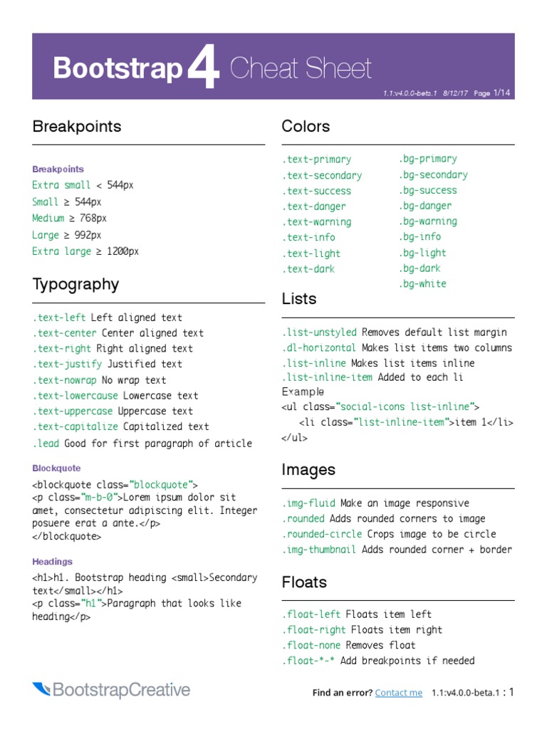Bootstrap Cheat Sheet: Breakpoints Colors | PDF | Bootstrap (Front End Framework) | Software