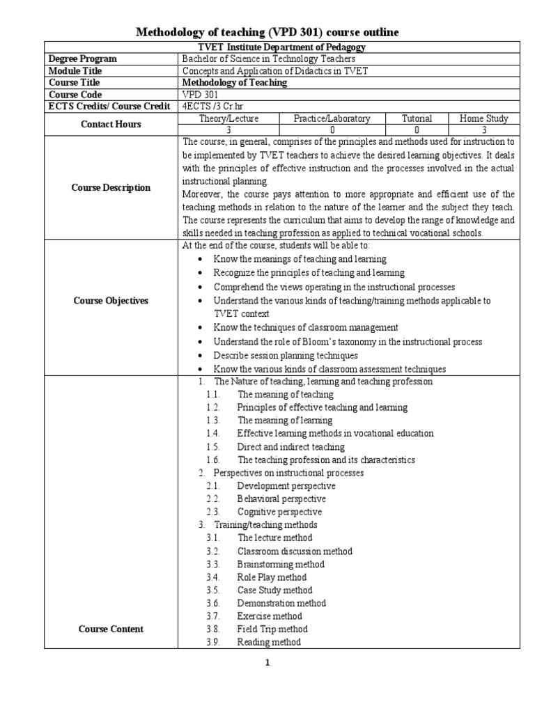 Method of Teaching Course Out Line (Revised) To Student | PDF ...