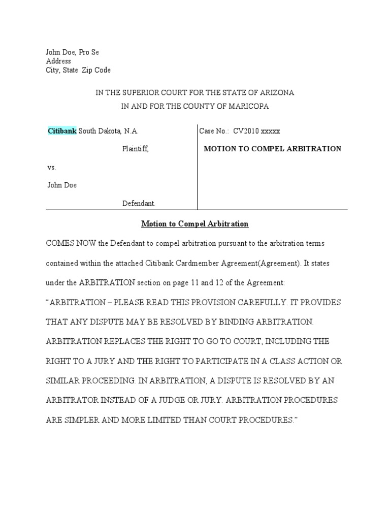 Compel Arbitration Sample | PDF | Arbitration | Lawsuit