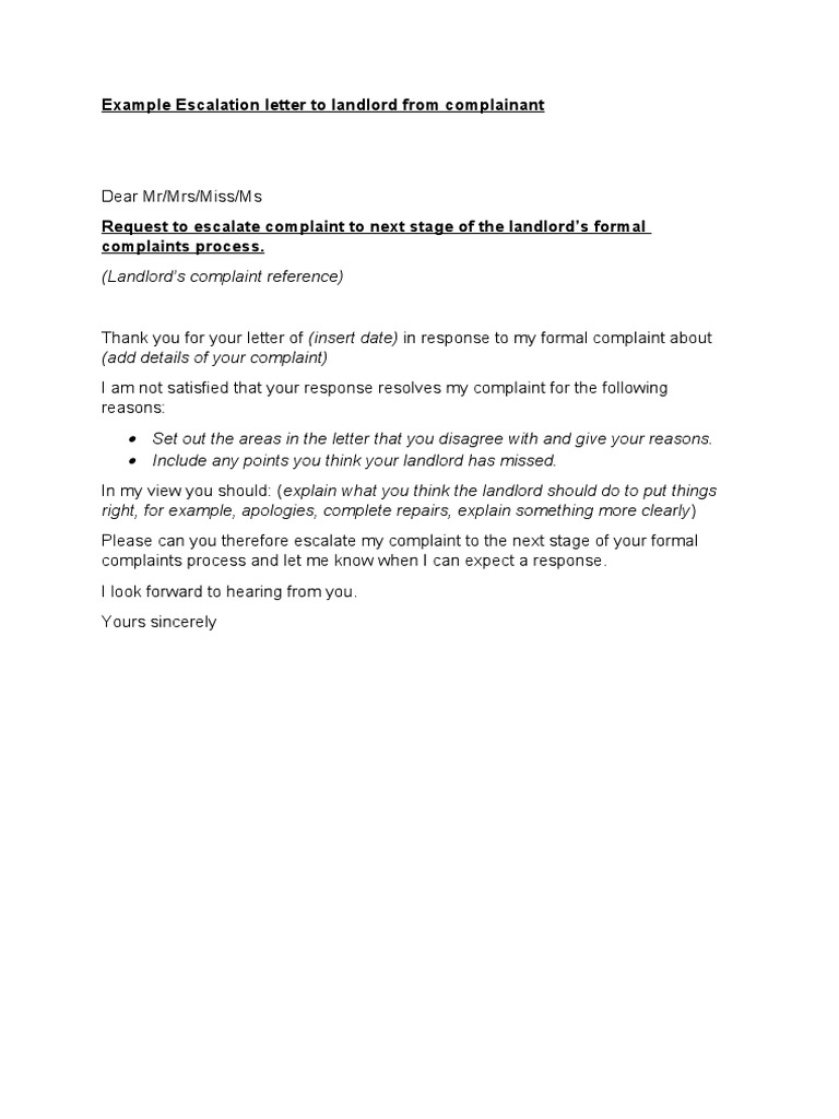Example Escalation Letter To Landlord From Complainant | PDF
