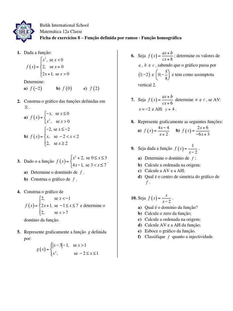 Ficha - 8 - Funcao Definida Por Ramos Funcao Homografica | PDF | Função ...
